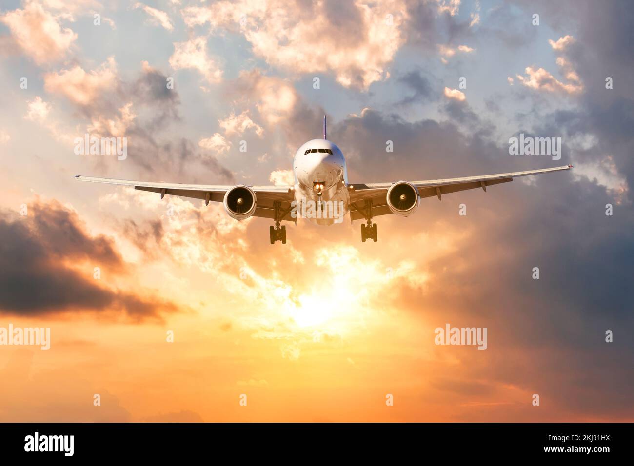 Passenger aircraft completes the flight journey in the evening at ...