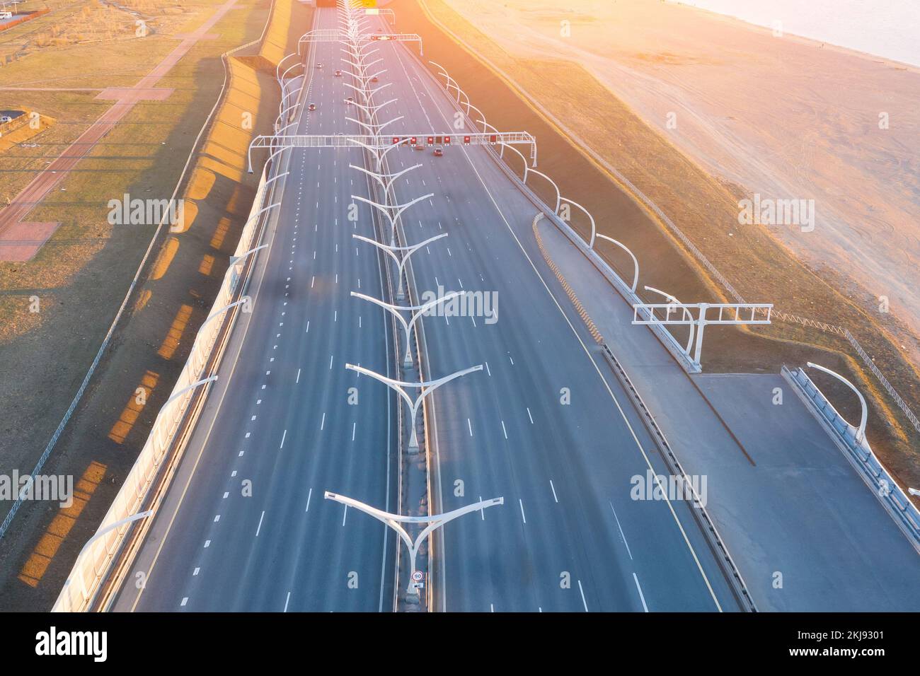Aerial view of evening highway of a city, Top view over the road and ...