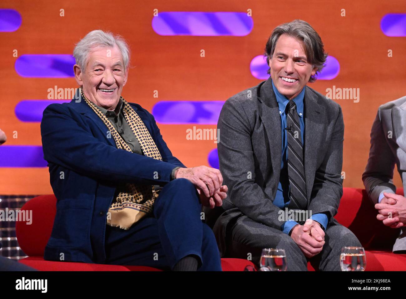 EDITORIAL USE ONLY Sir Ian McKellen (left) and John Bishop during filming for the Graham Norton ...