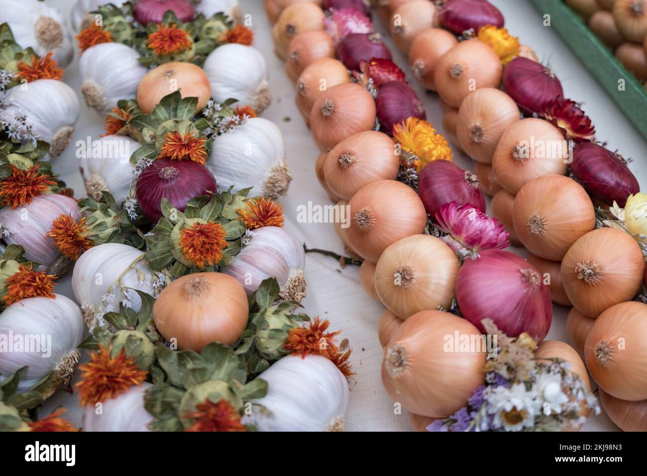 A closeup of colorful onions at the traditional Swiss Festival in Berne ...
