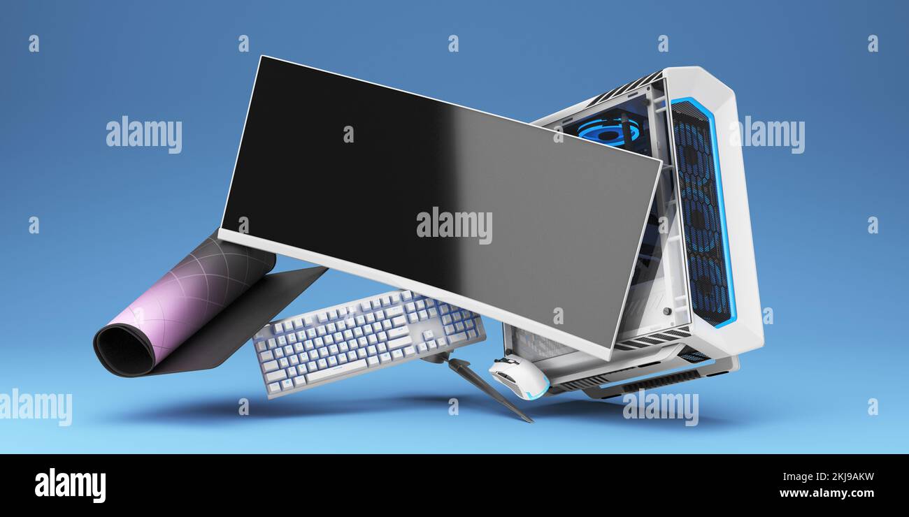 Computer Gaming PC with neon light Futuristic on blue background 3d ...