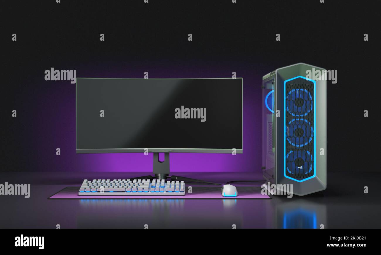 Computer Gaming PC on desk in dark room with neon light Futuristic ...