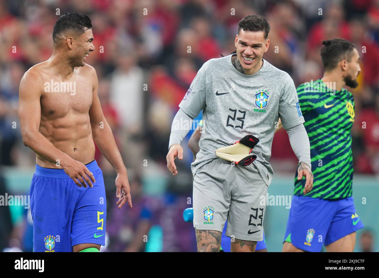 Brazil’s Casemiro (left) celebrates with Brazil goalkeeper Ederson ...
