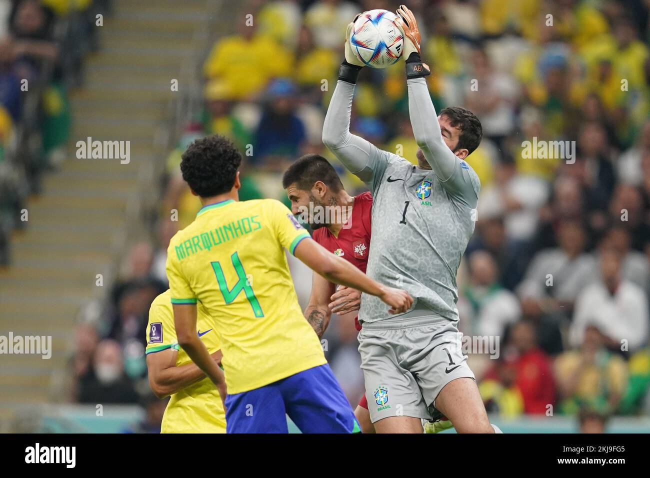 LUSAIL, QATAR - NOVEMBER 24: Player of Brazil Alisson saves the ball ...
