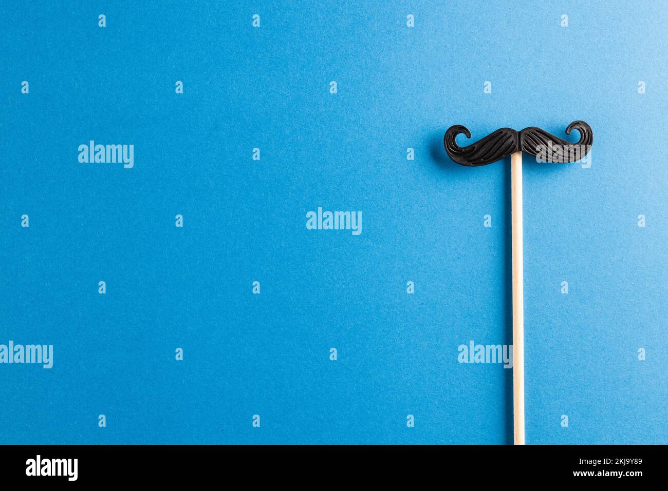 Composition of fake moustache on stick on blue background with copy ...