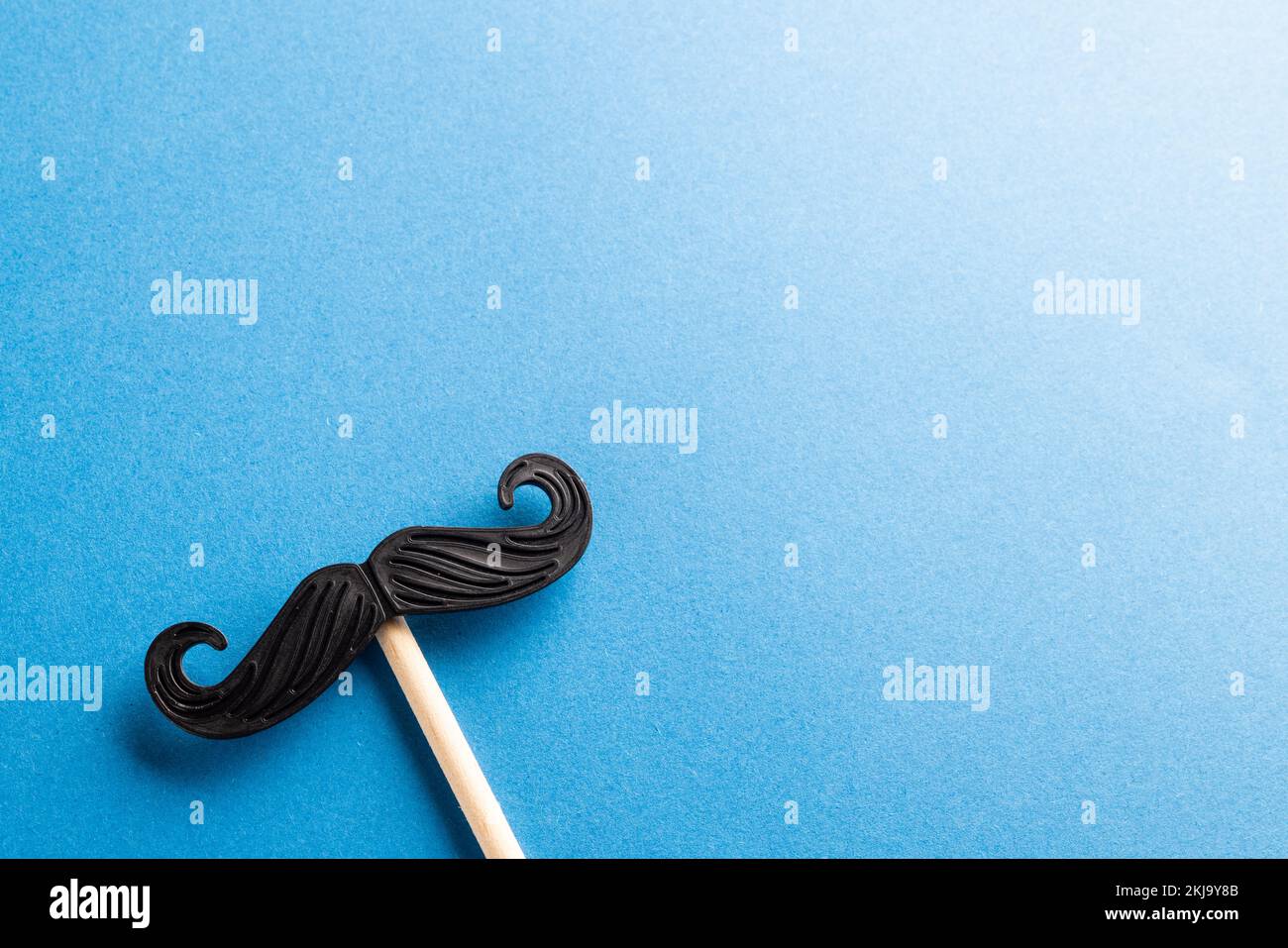 Composition of fake moustache on stick on blue background with copy ...