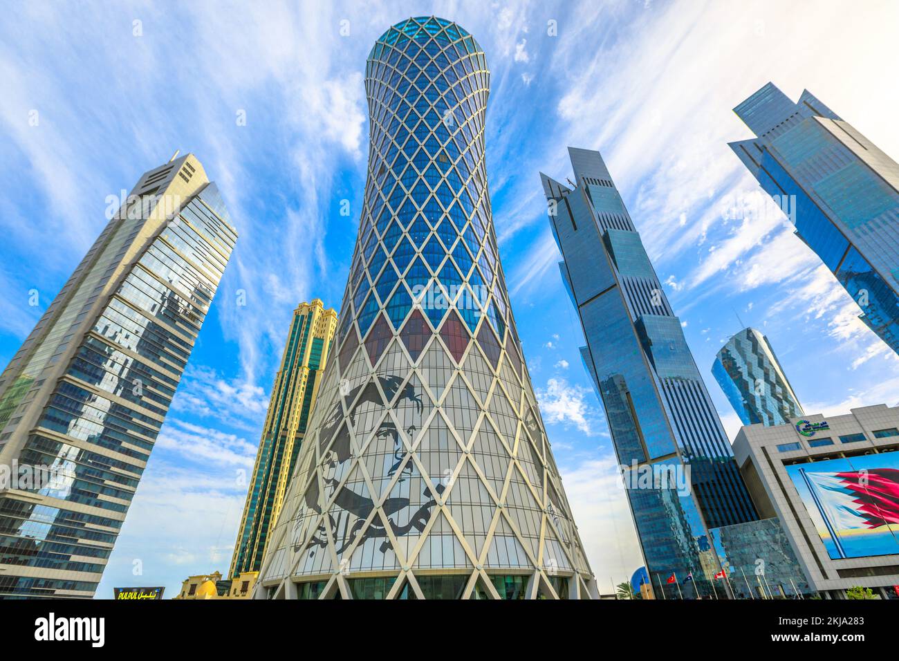 Doha, Qatar - February 17, 2019: Tornado Tower with image of Emir Tamim ...