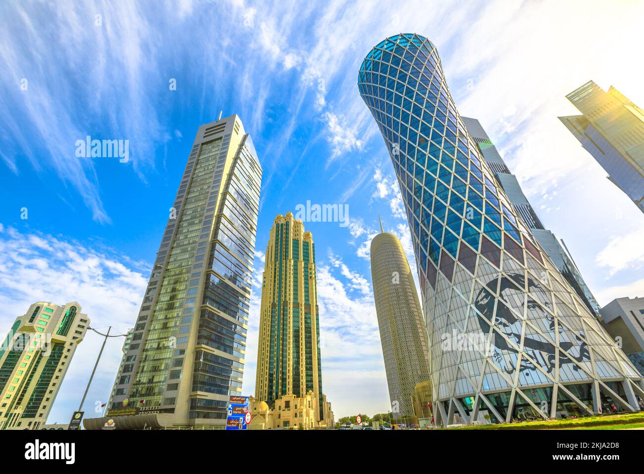 Doha, Qatar - February 17, 2019: Tornado Tower with image of Emir Tamim ...