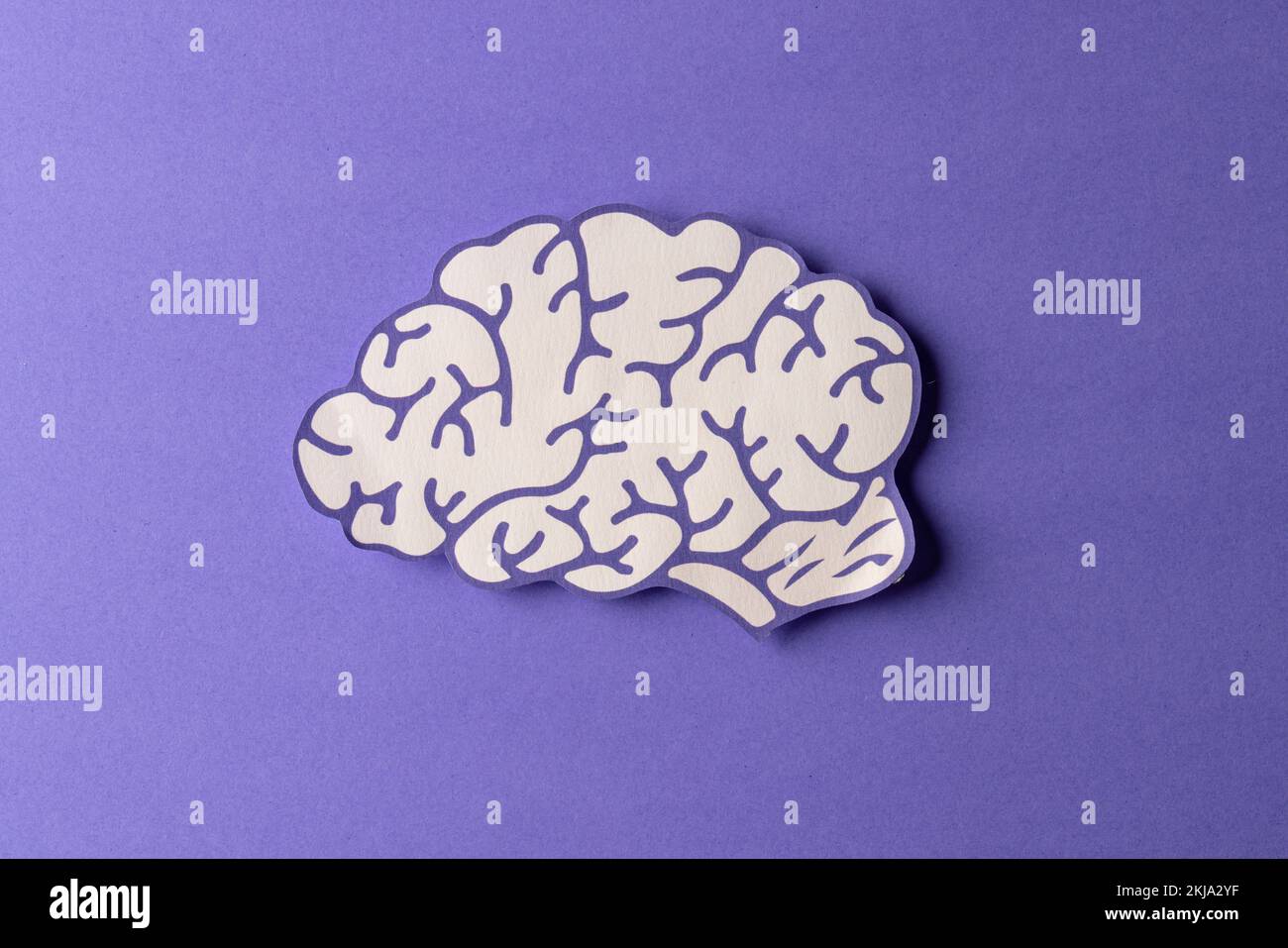 Composition of white and purple brain on purple background with copy ...