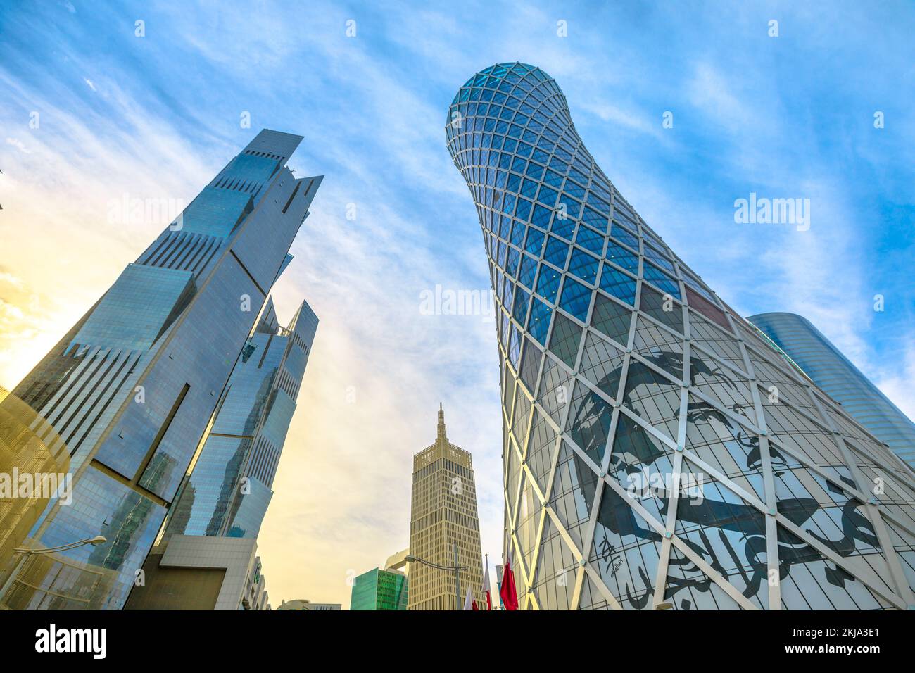 Doha, Qatar - February 17, 2019: bottom view of Tornado Tower with ...