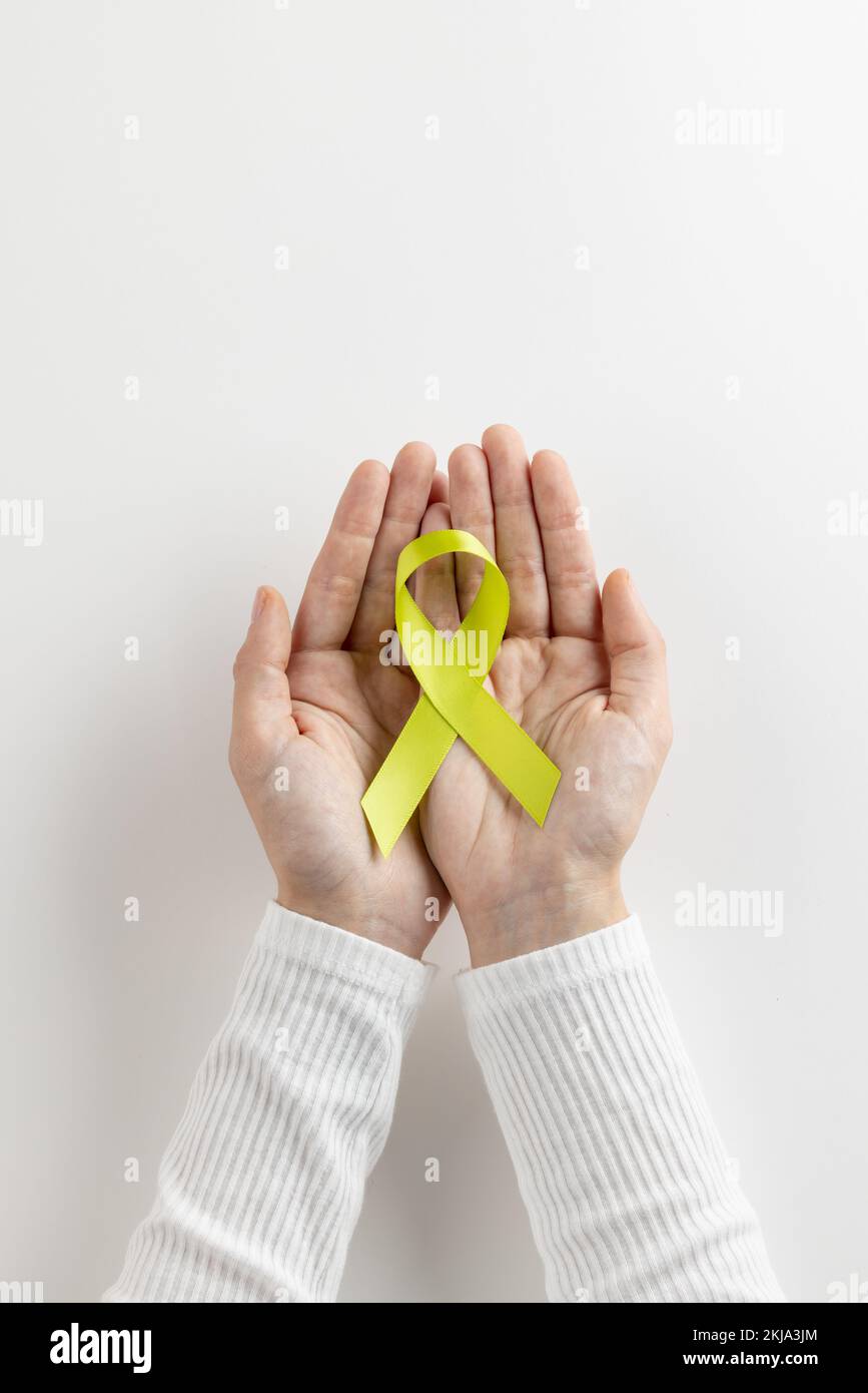 Vertical of hands holding light green std awareness ribbon on white ...