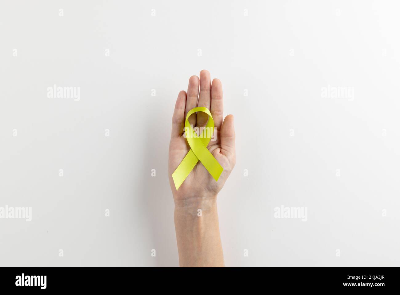 Composition of hand holding light green std awareness ribbon on white ...