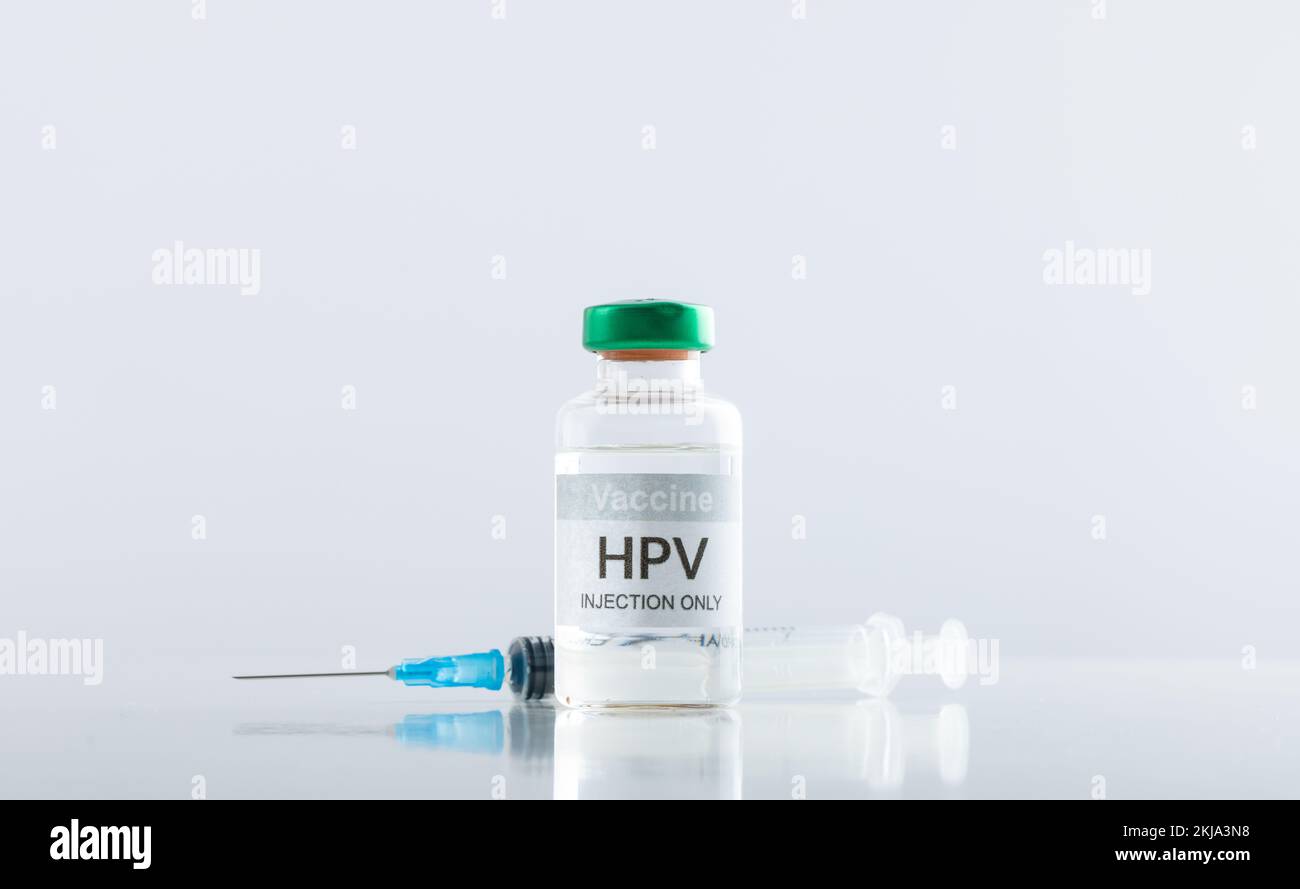 Composition of hpv vaccine vial and syringe on white background with ...