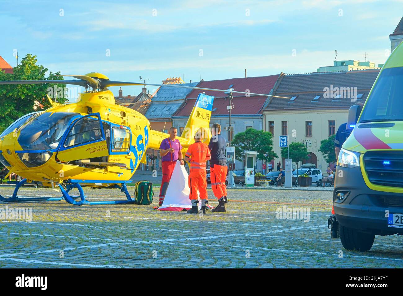 HUSTOPECE, THE CZECH REPUBLIC - JUNE 25, 2022: The rescue helicopter on ...