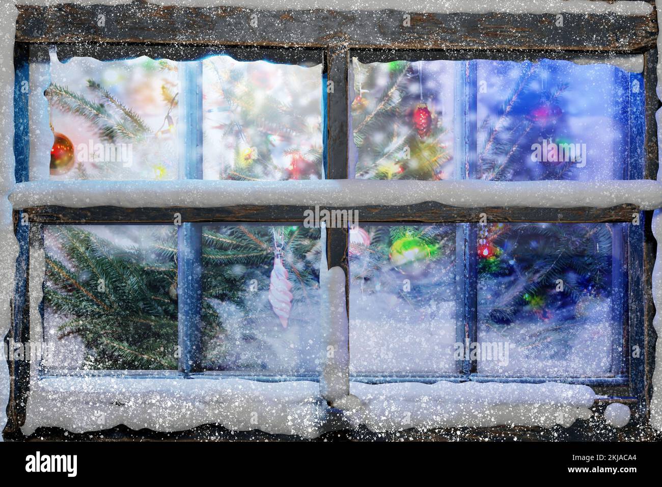 Winter Christmas window with Christmas tree and snow falling outside ...