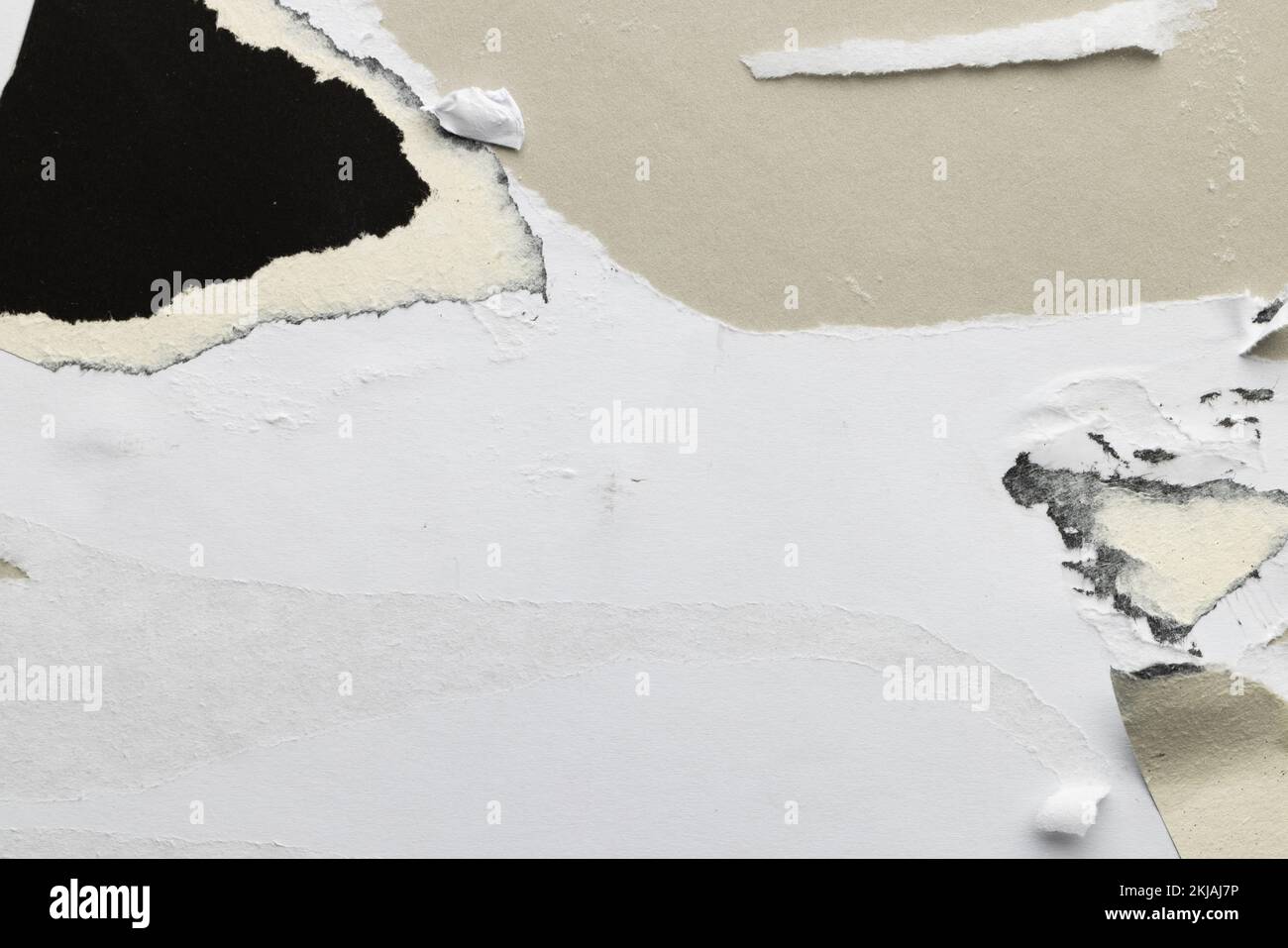 Ripped up pieces of white and black paper with copy space on gray ...