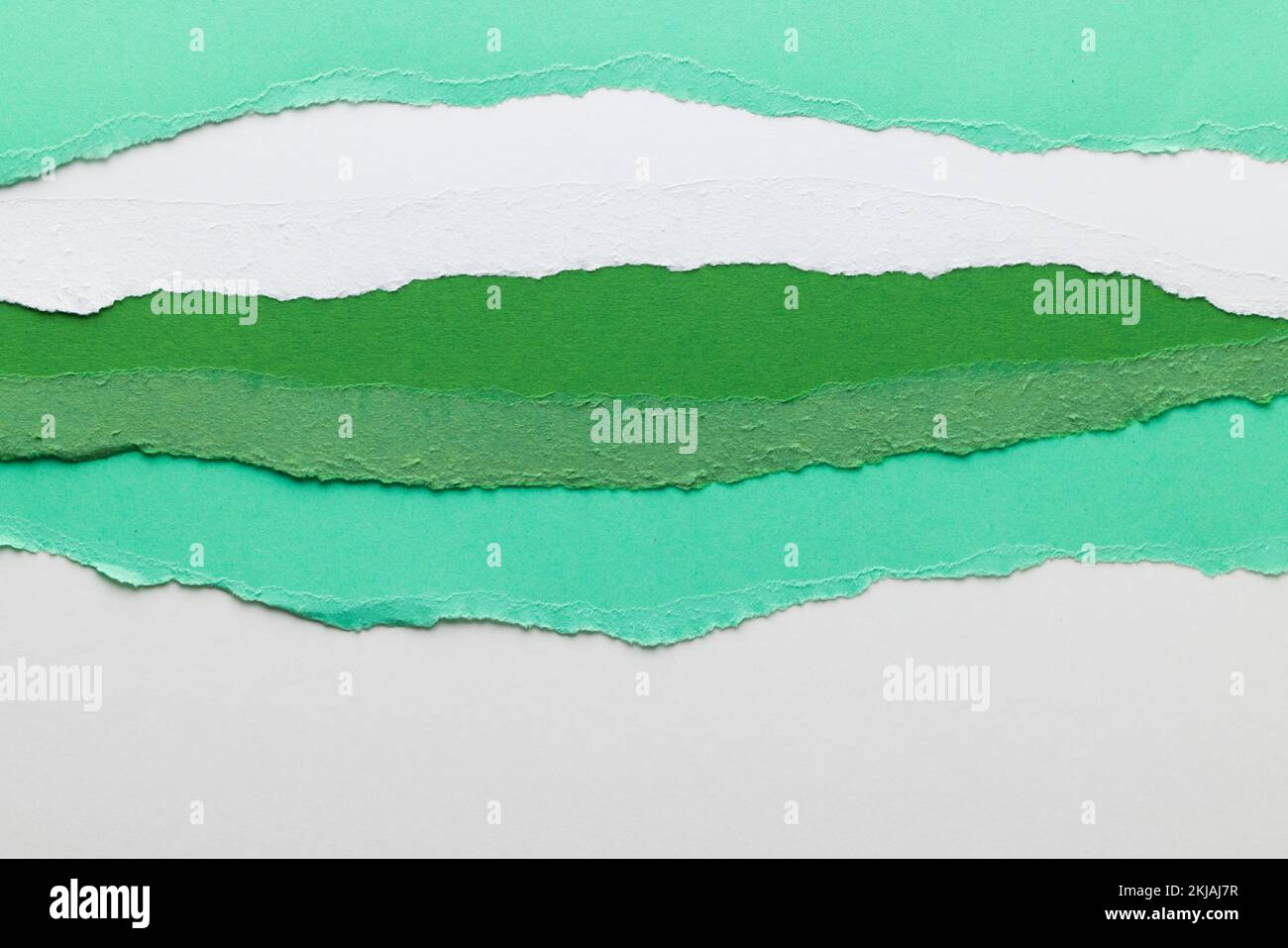 Ripped up pieces of coloured paper and copy space on white background ...