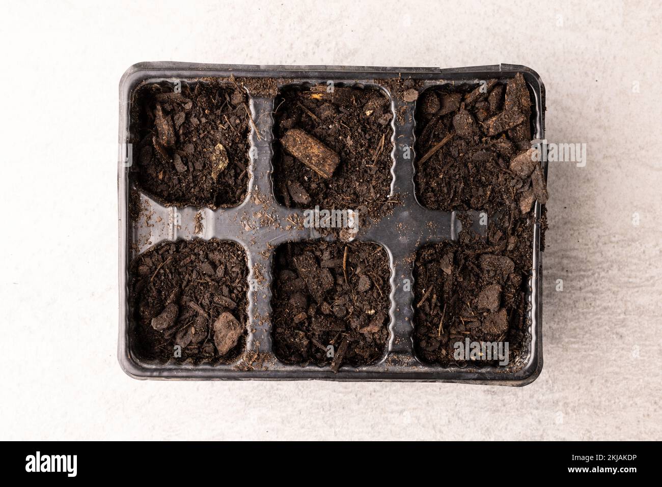 Overhead view of seedling tray filled with dark soil and bark pieces ...