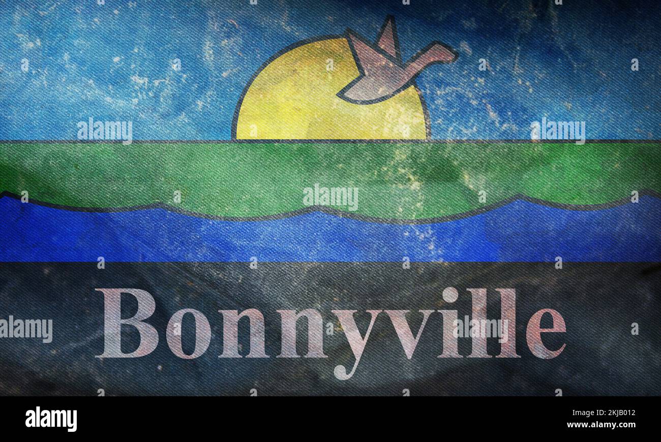 Top view of retro flag Bonnyville, Alberta Canada with grunge texture ...