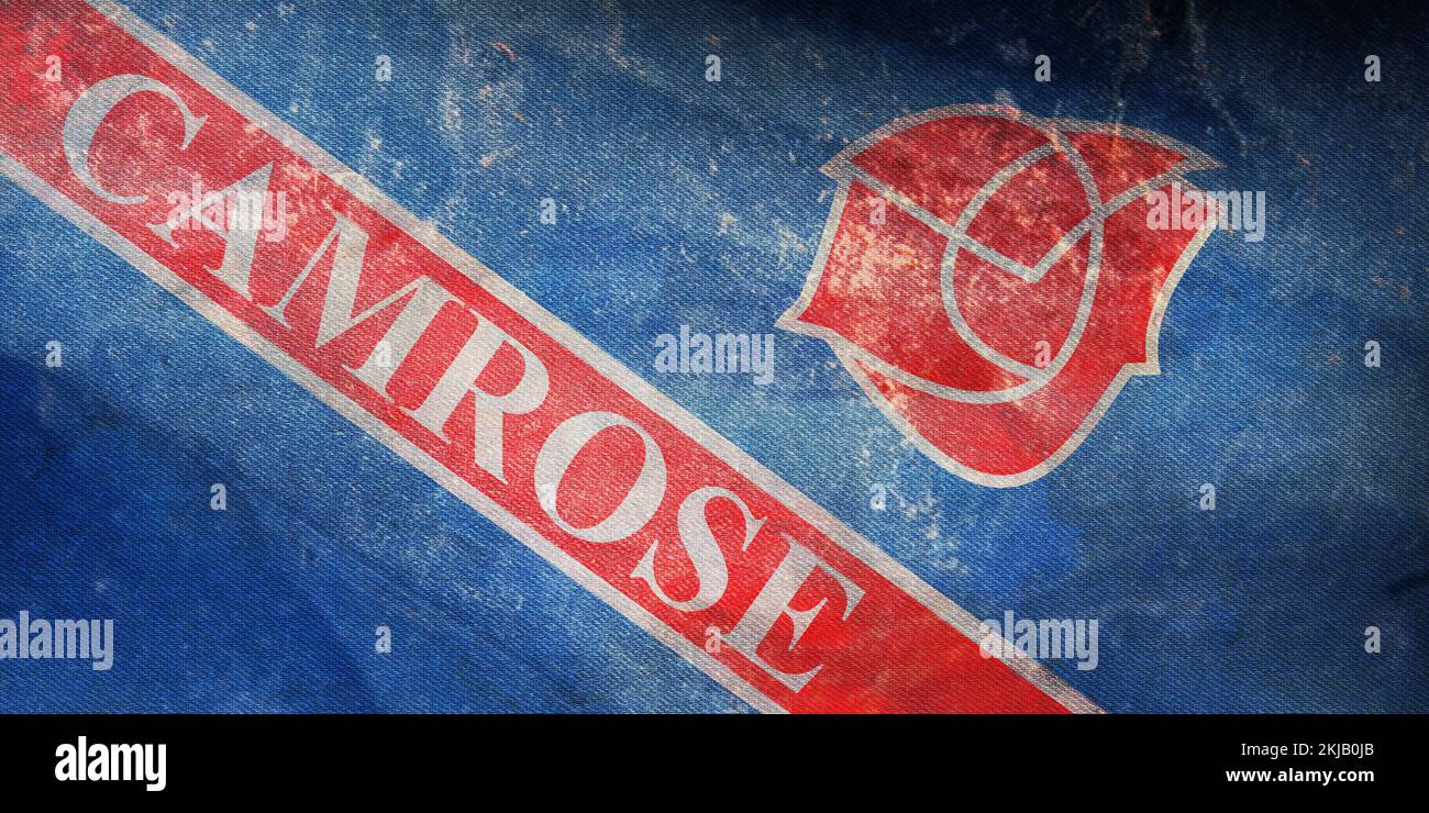 Top view of retro flag Camrose, Alberta Canada with grunge texture ...