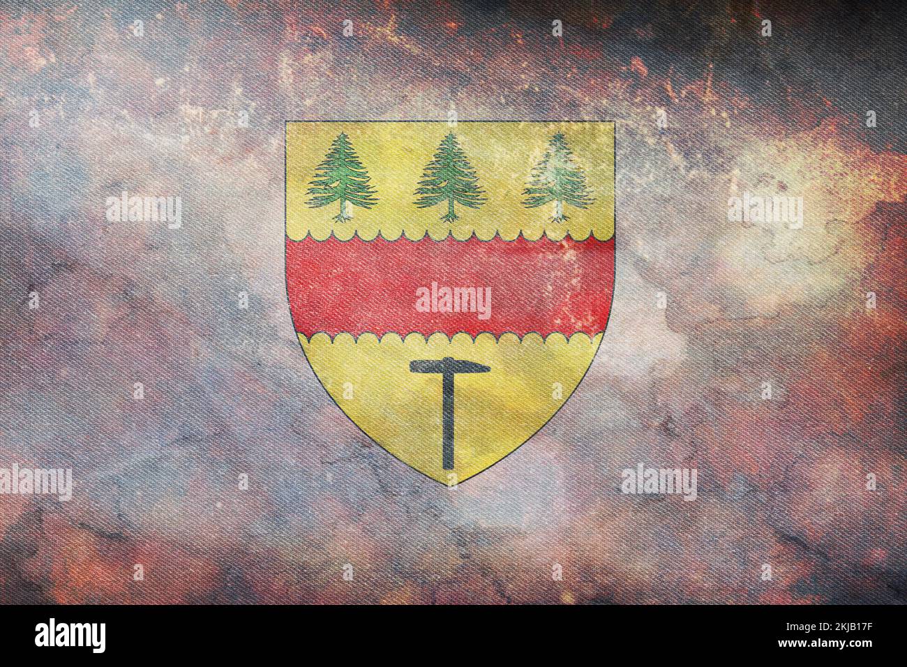 Top view of retro flag Chibougamau, Quebec Canada with grunge texture ...