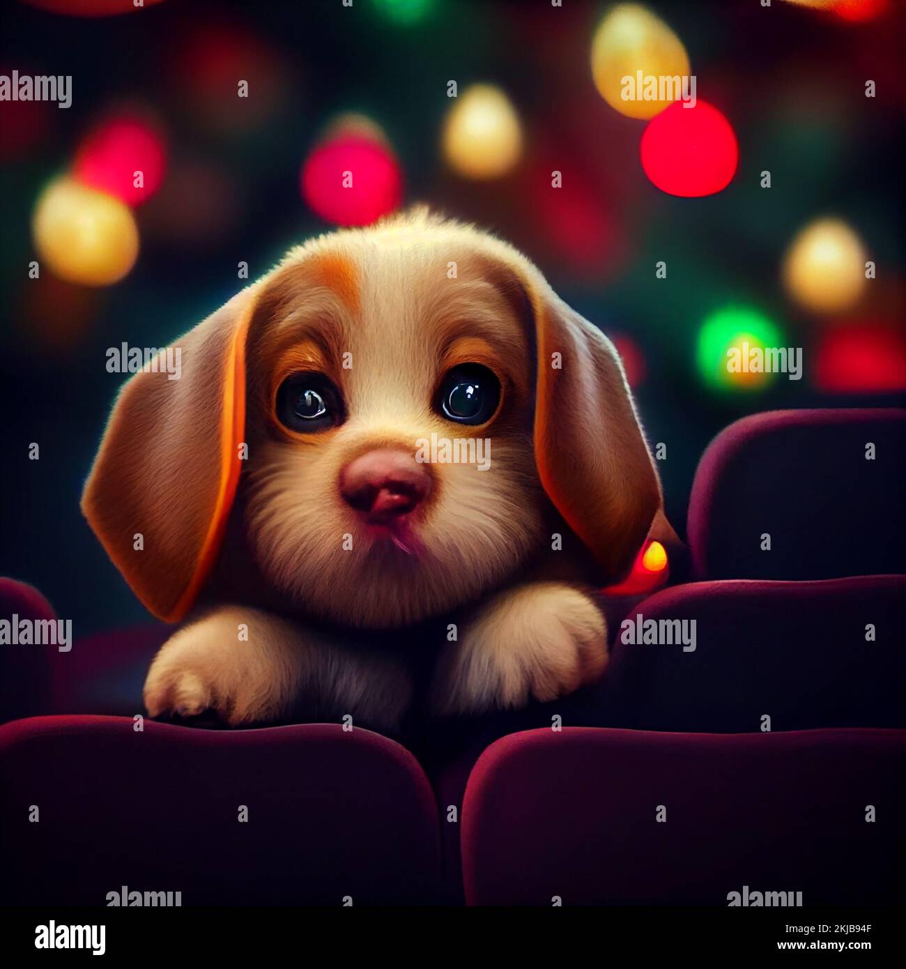 Cute puppy on red armchair on a background of christmas lights Stock ...