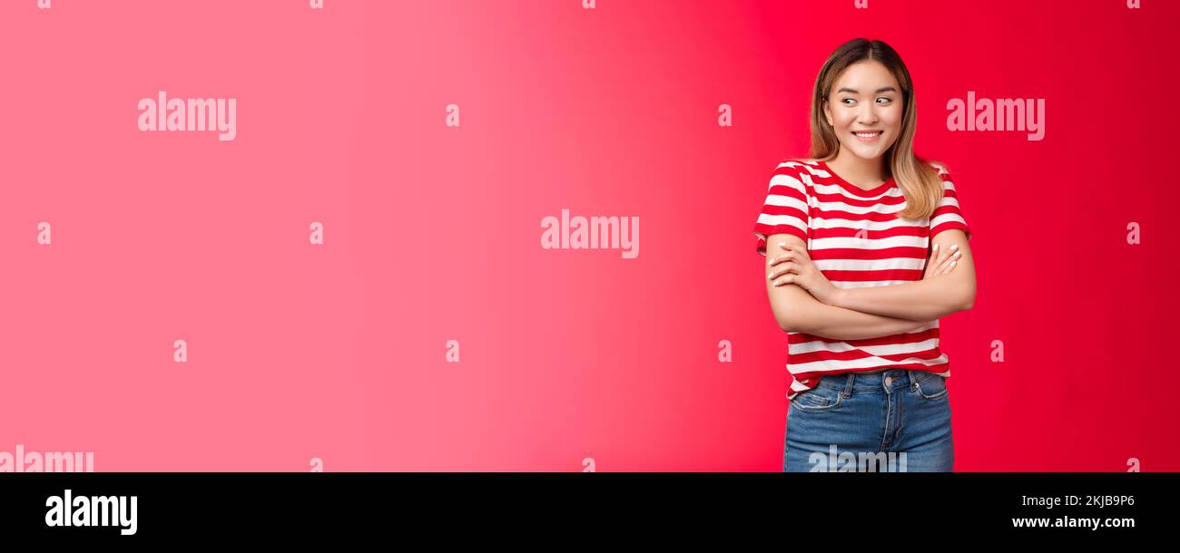 Silly cute pretty asian blond girl look away shy flirty smiling, cross ...