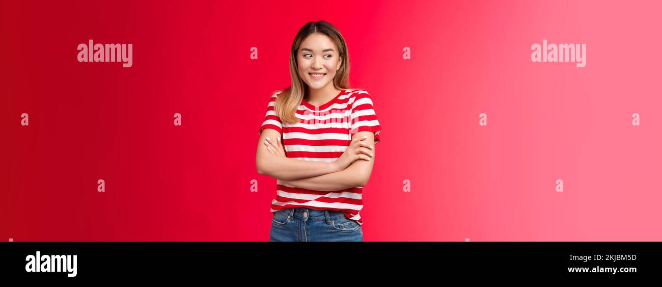 Silly cute pretty asian blond girl look away shy flirty smiling, cross ...