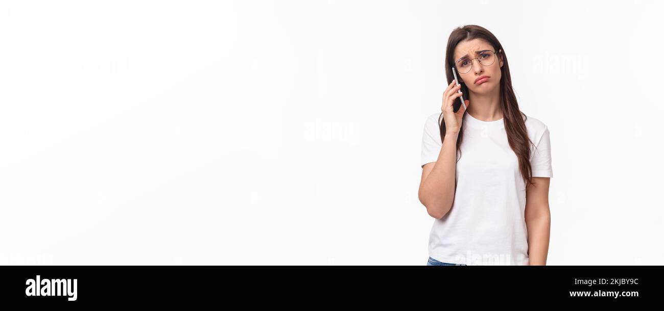 Communication, technology and lifestyle concept. Portrait of gloomy and ...