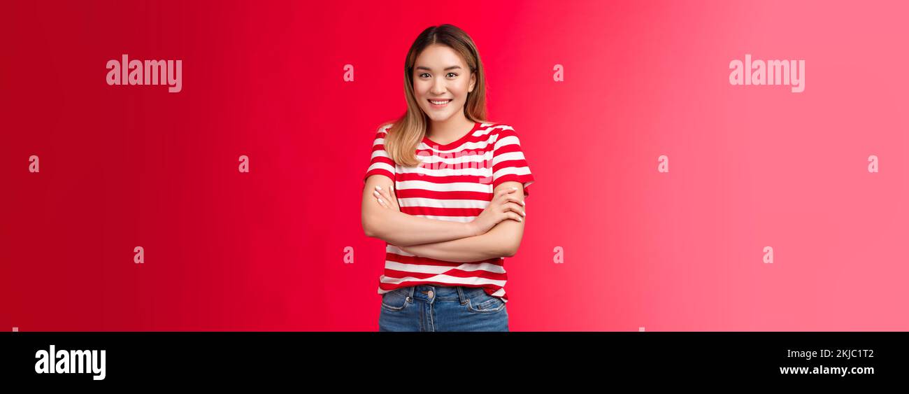 Friendly happy enthusiastic cute blond asian girl look camera smiling ...