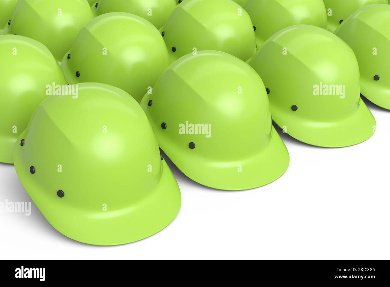 Set of safety helmets or hard caps for carpentry work in row on white ...