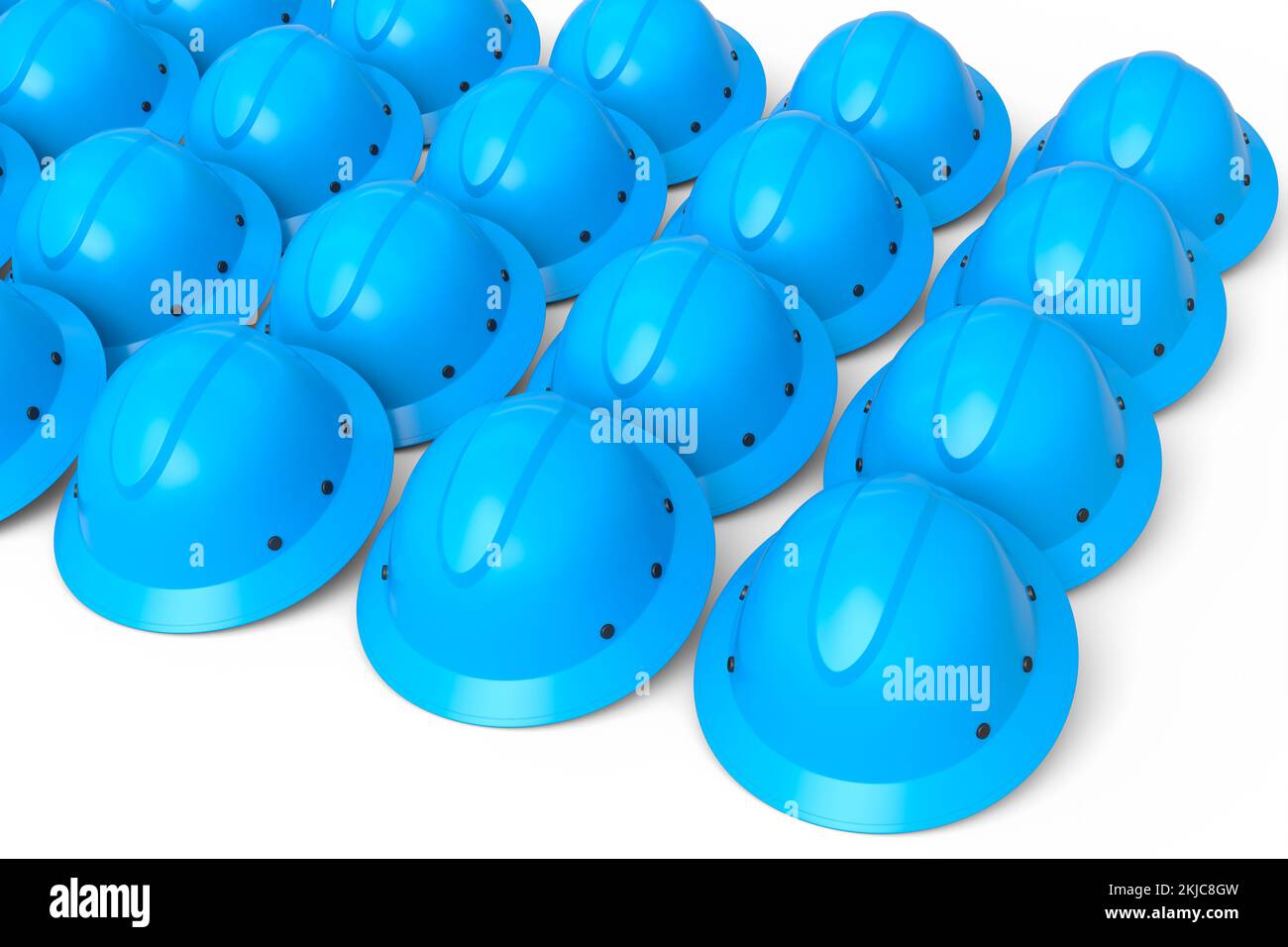 Set of safety helmets or hard caps for carpentry work in row on white ...