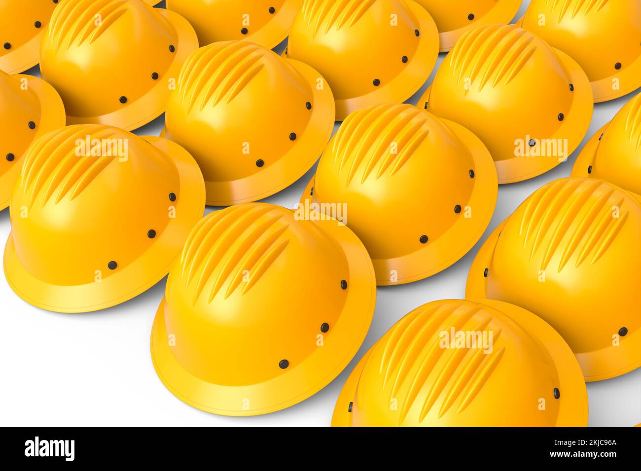 Set of safety helmets or hard caps for carpentry work in row on white ...