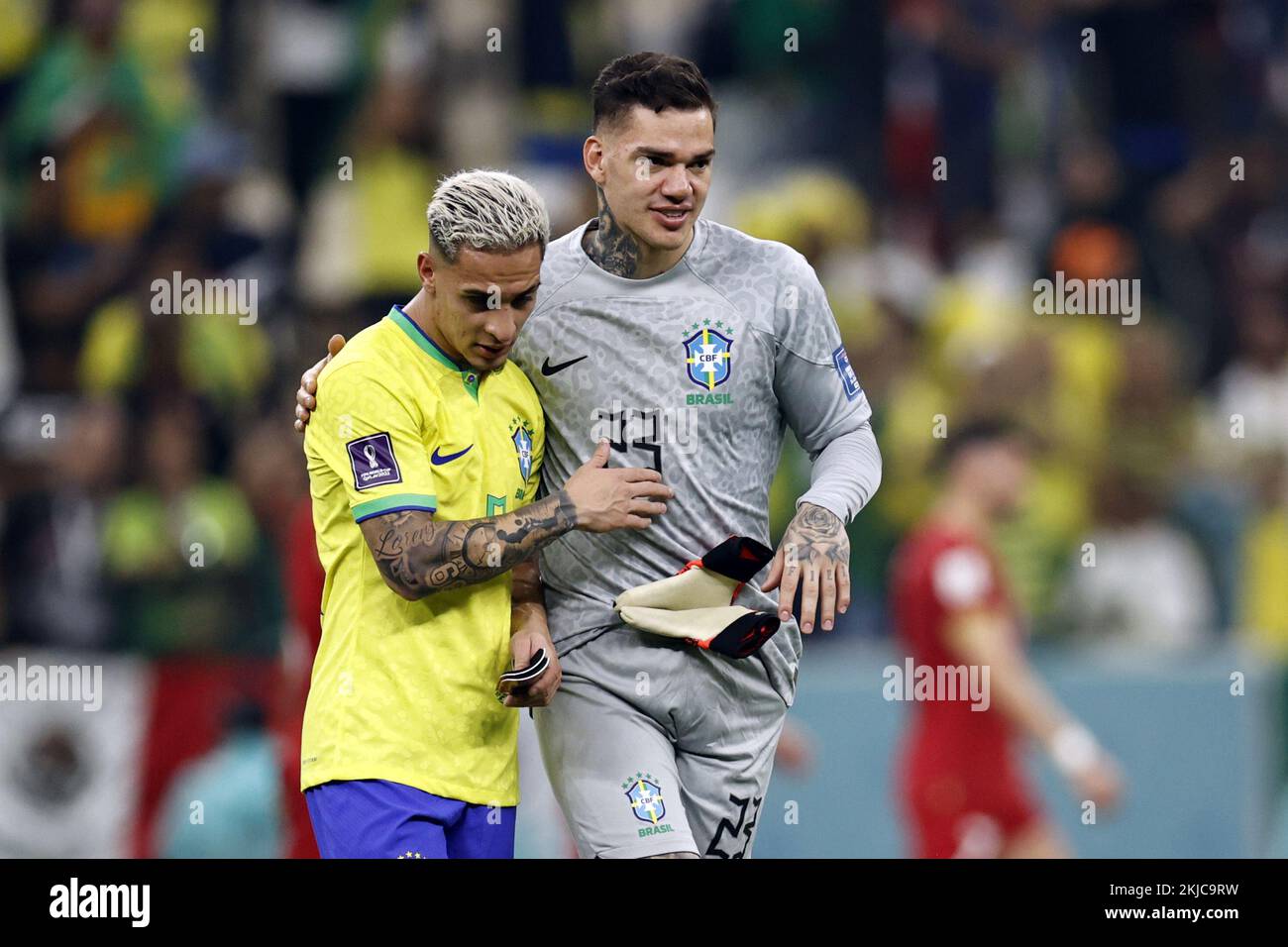 LUSAIL CITY - (l-r) Antony of Brazil, Brazil goalkeeper Ederson during ...