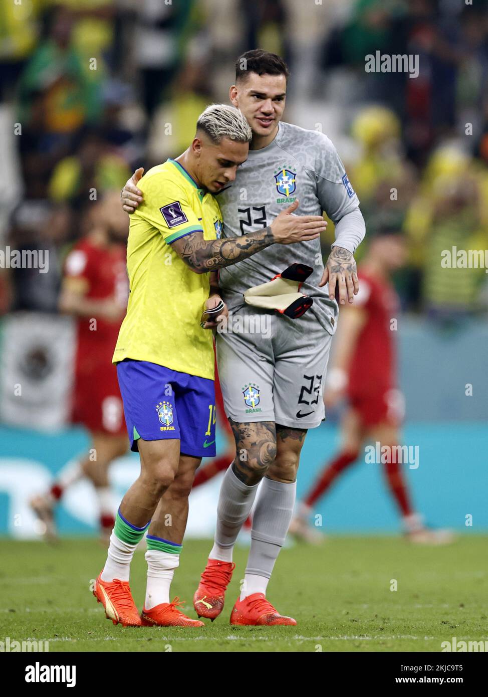 LUSAIL CITY - (l-r) Antony of Brazil, Brazil goalkeeper Ederson during ...