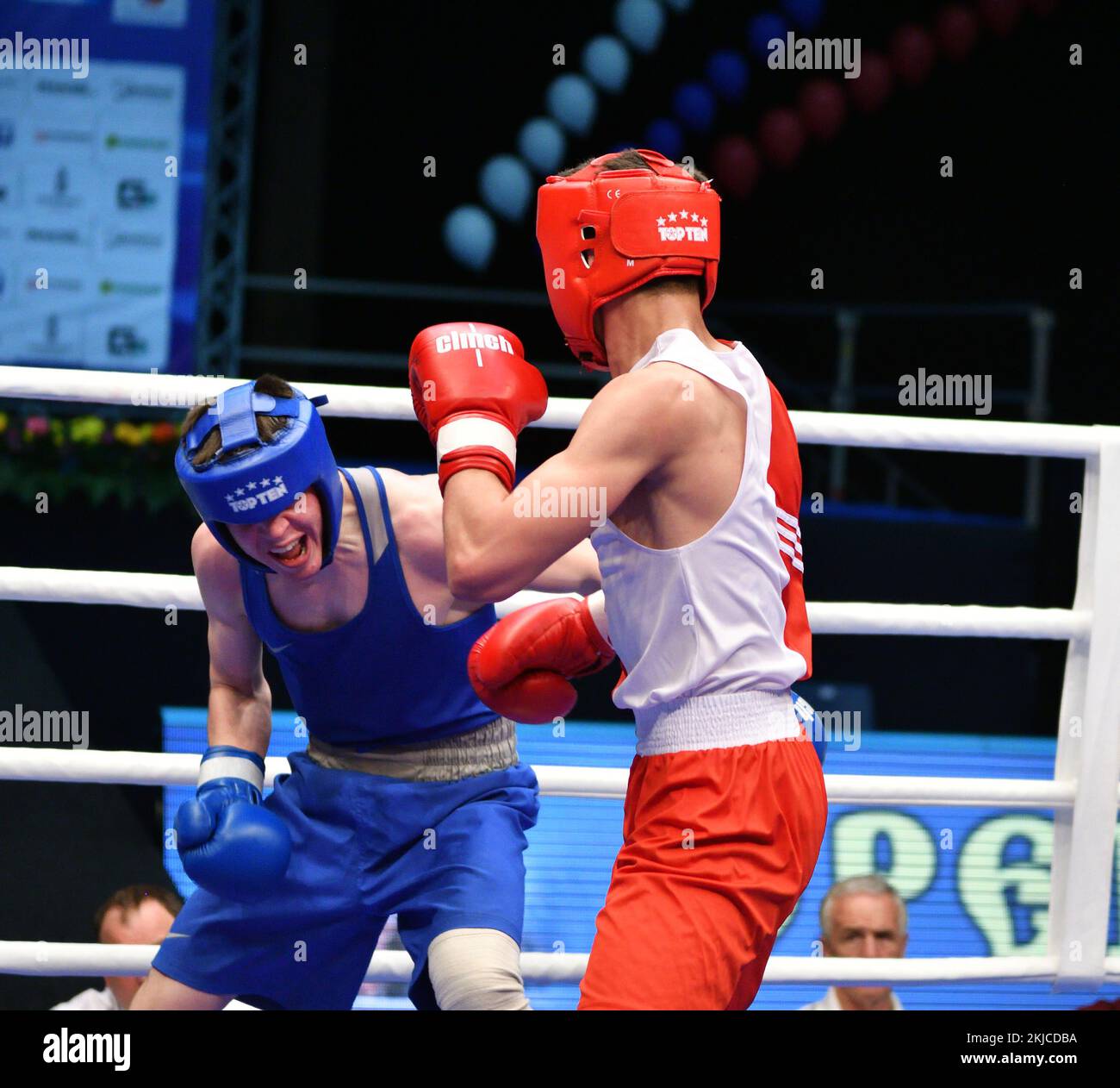 Orenburg, Russia - May 7, 2017: Two boys fighter compete in boxing at ...