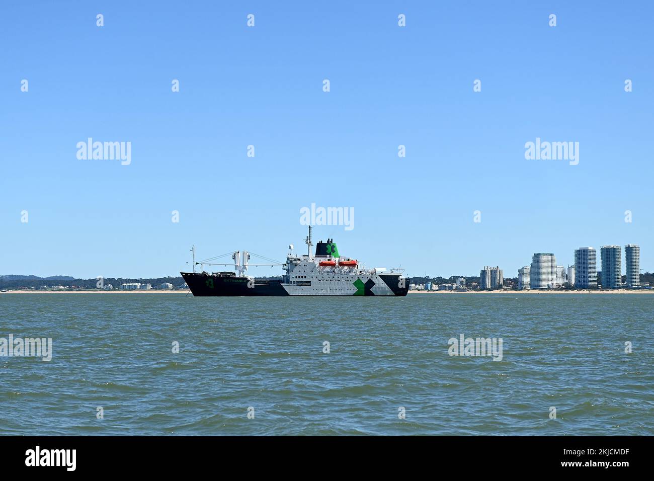 The RMS St. Helena at anchor with Punta del Este in the background ...