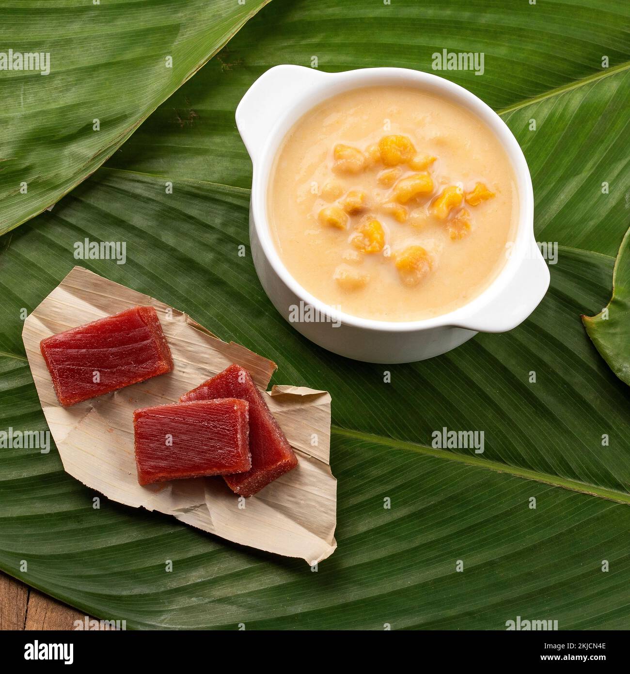 Typical Colombian food - Paisa corn mazamorra with sweet guava paste ...