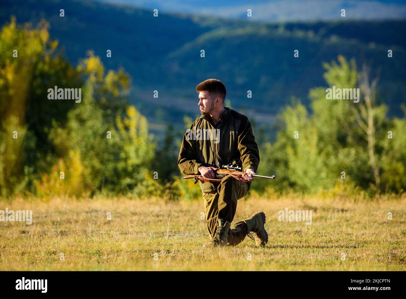 Man bearded hunter with rifle nature background. How turn hunting into ...