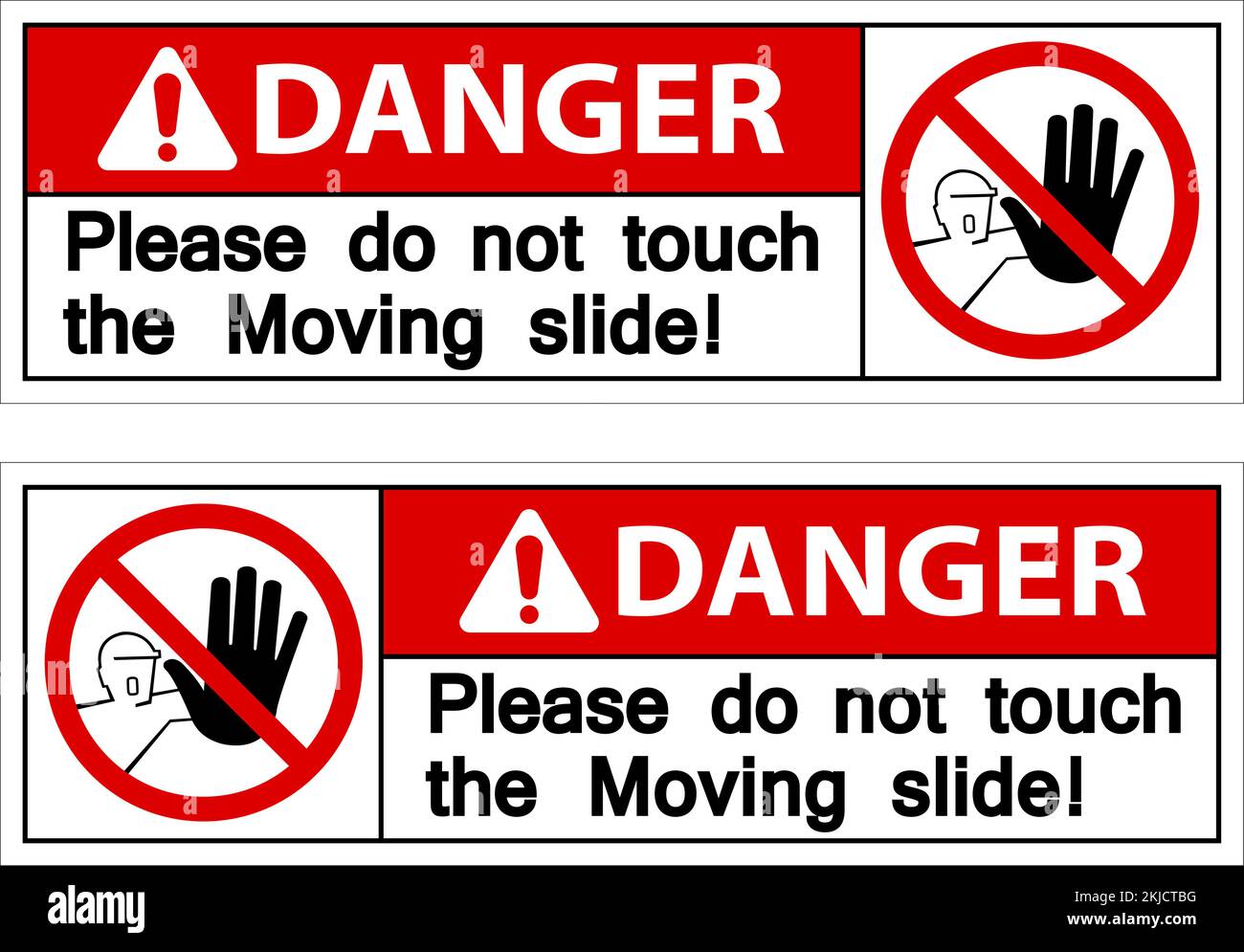 Danger Please do not touch the moving slide on white background Stock ...