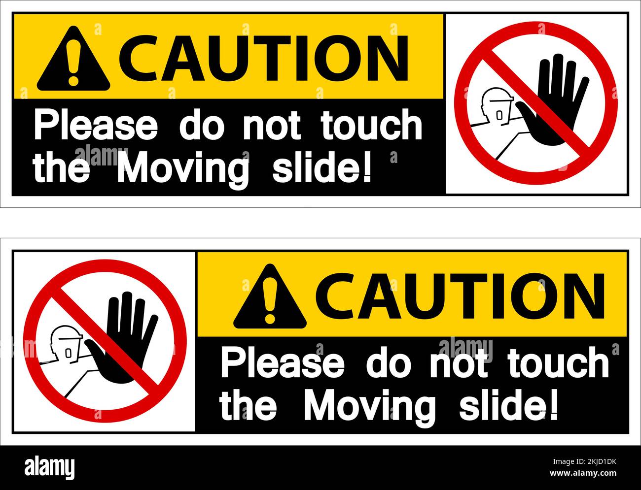Caution Please do not touch the moving slide on white background Stock ...