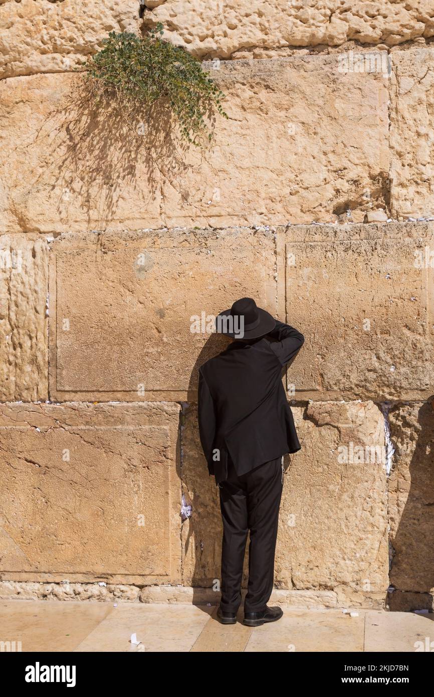 Jewish orthodox man praying at the Western Wall Plaza or Wailing Wall ...