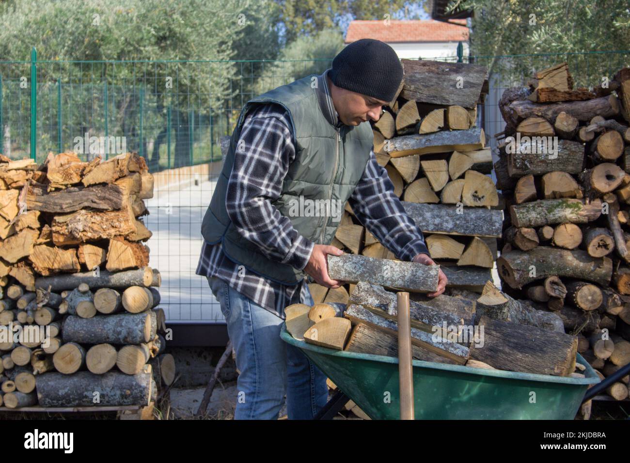 Image of a man loading pieces of wood onto a wheelbarrow to light the ...