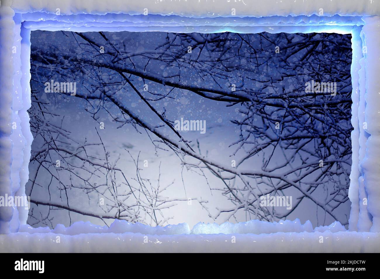 Winter Christmas window with snow falling outside Stock Photo - Alamy