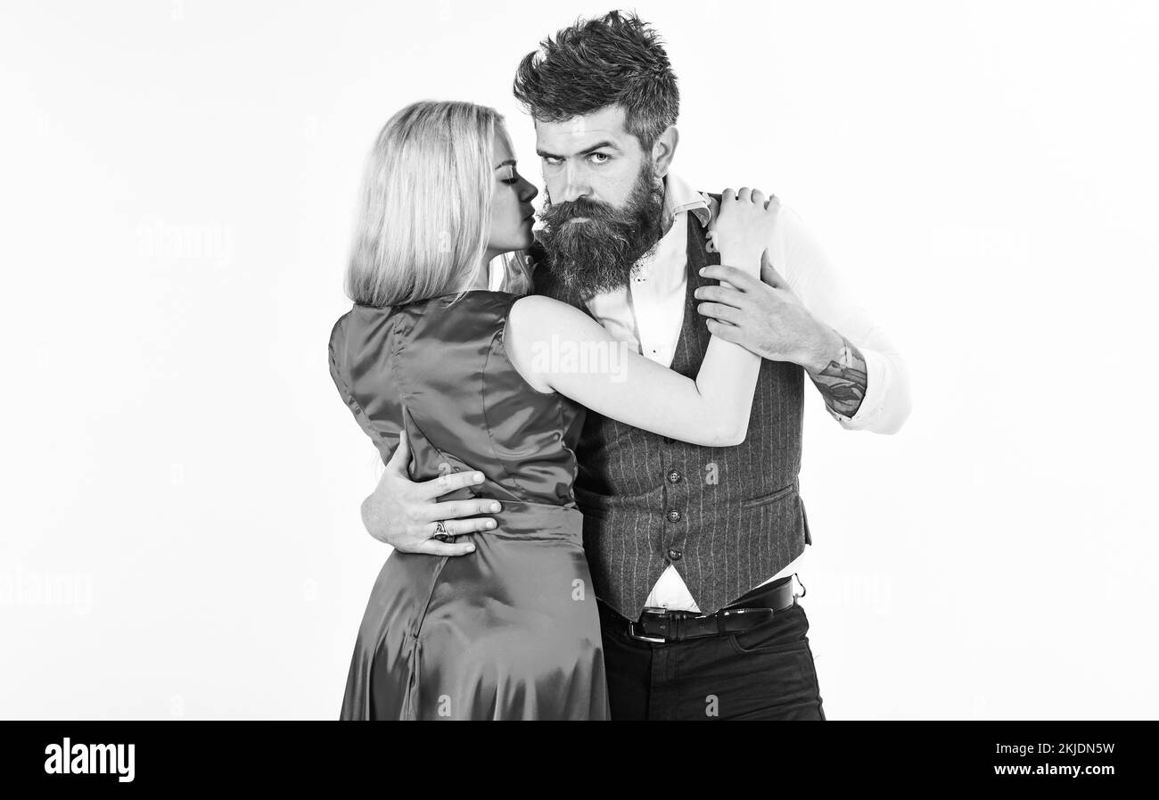 Woman in red dress and man in vest. Bearded hipster and attractive lady ...