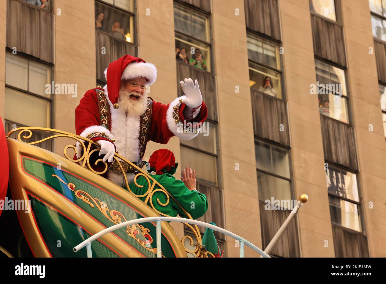 NEW YORK, NEW YORK - November 24, 2022: Santa Claus waves to the crowds ...