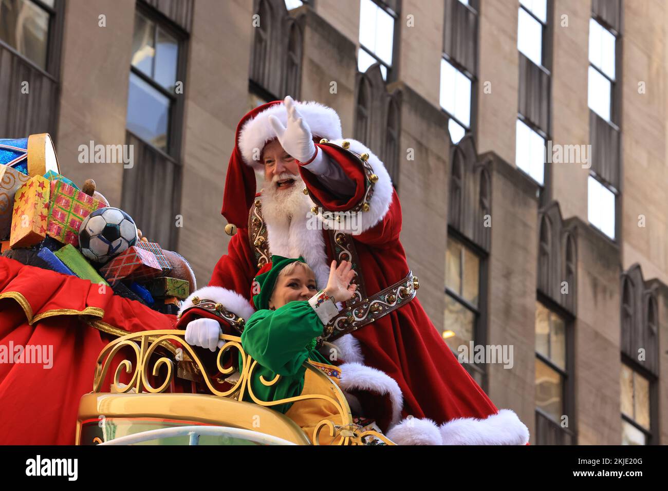 NEW YORK, NEW YORK - November 24, 2022: Santa Claus waves to the crowds ...