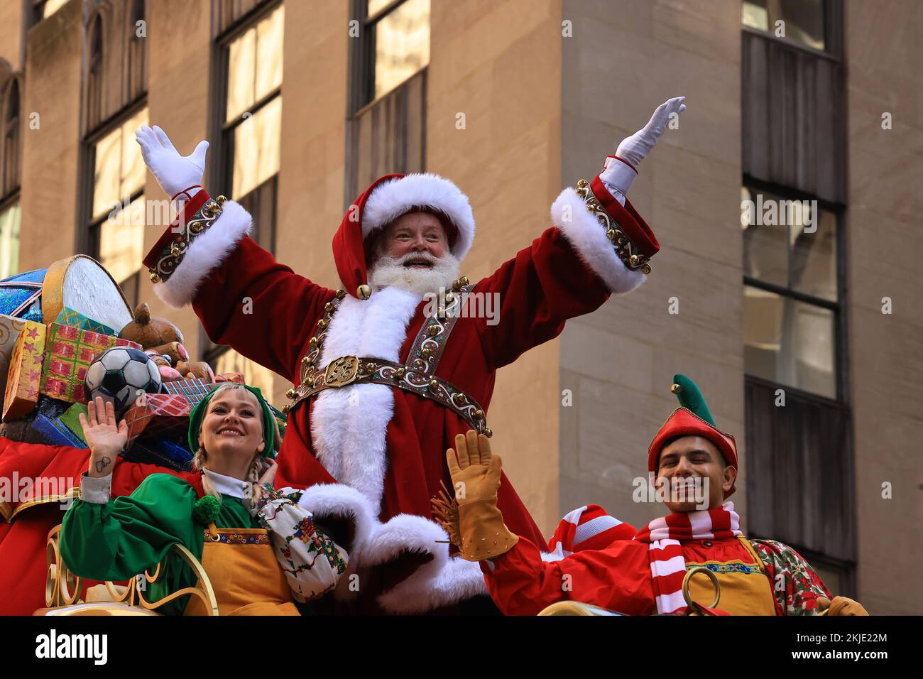 NEW YORK, NEW YORK - November 24, 2022: Santa Claus waves to the crowds ...