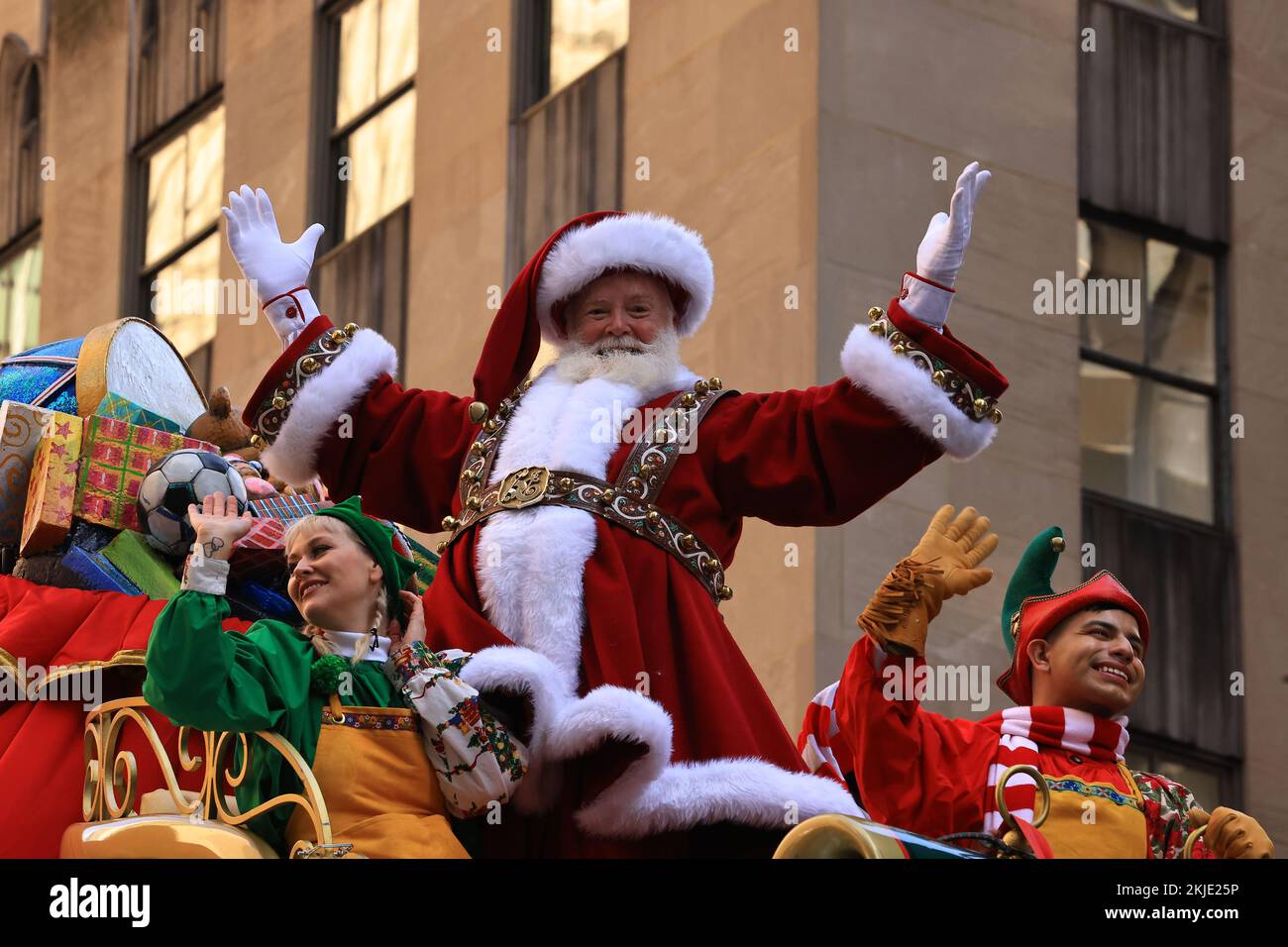 NEW YORK, NEW YORK - November 24, 2022: Santa Claus waves to the crowds ...