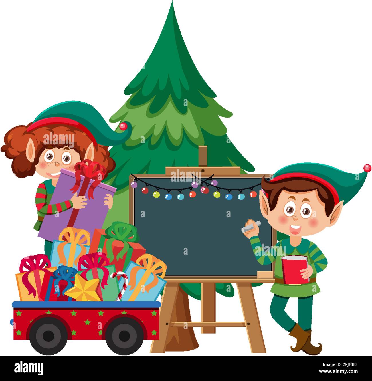 Christmas tree with elves cartoon character illustration Stock Vector ...